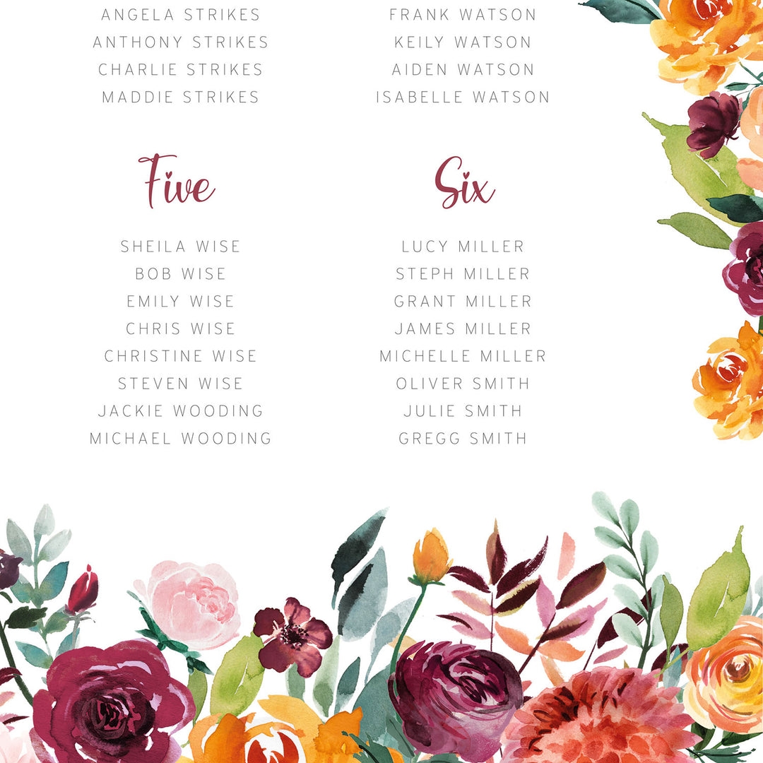 Burnt Orange Floral Table Plan – Splendid Swan