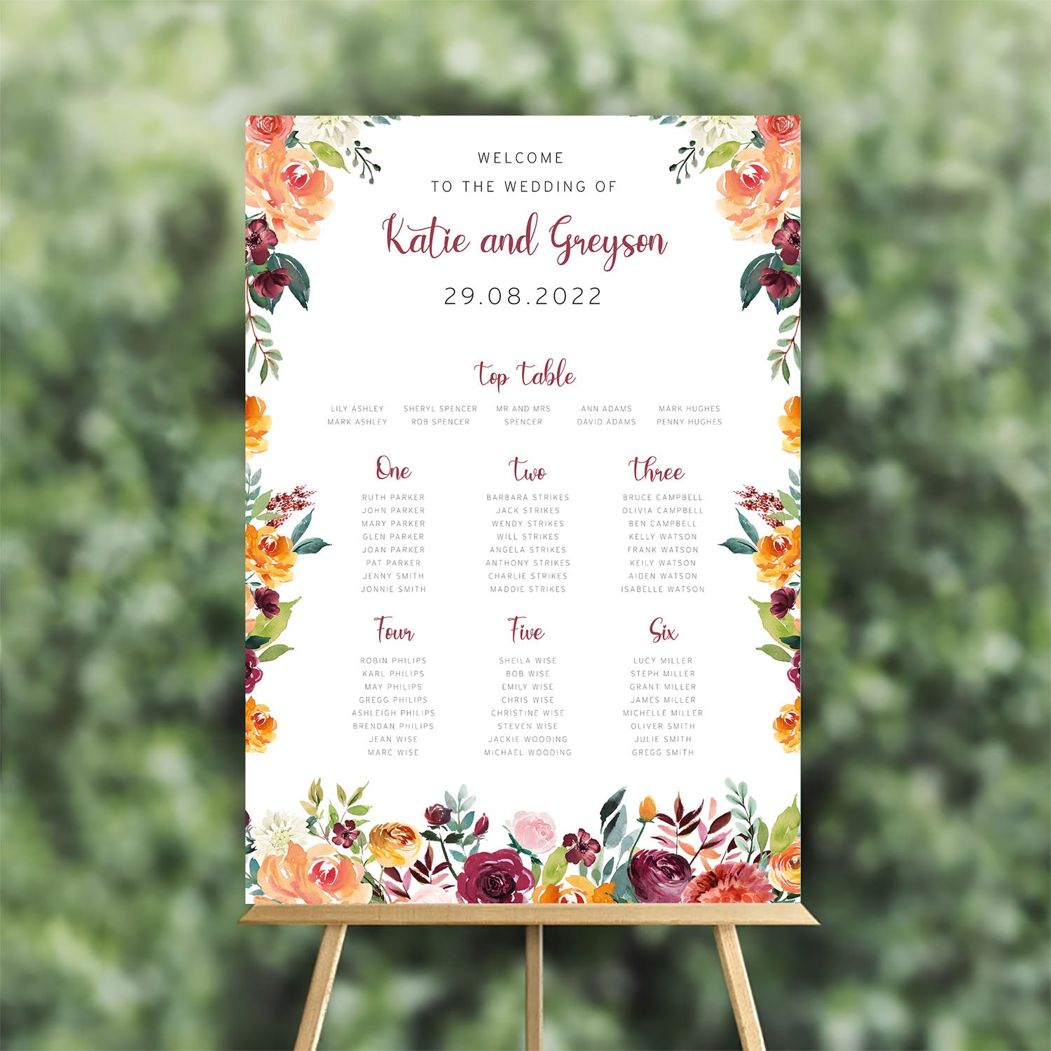 Burnt Orange Floral Table Plan – Splendid Swan