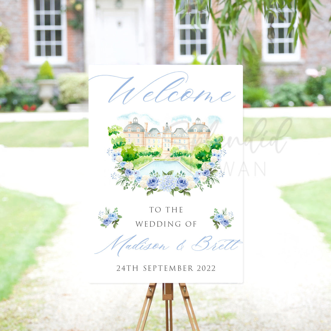 Blue Hydrangea Welcome Sign with Venue Illustration – Splendid Swan